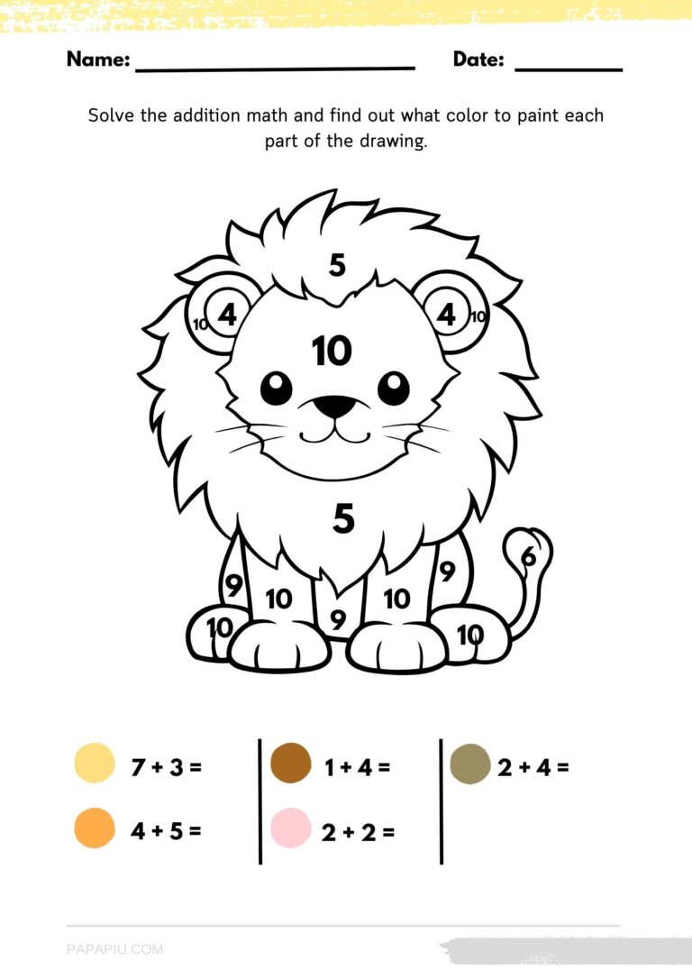 Math Worksheet: A Lion themed addition coloring page - UrsuLearn